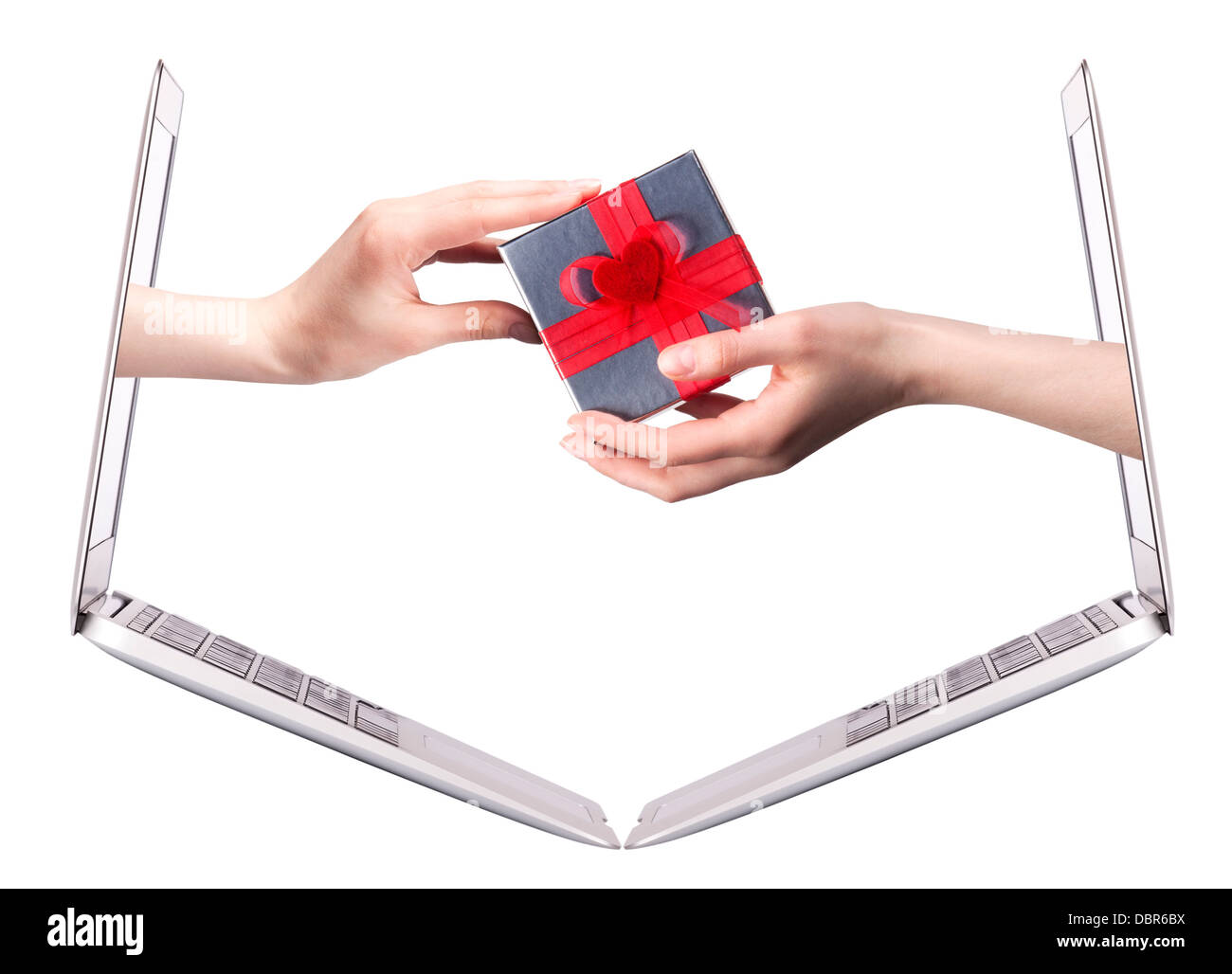 hand with a gift come out from a screen of a laptop computer isolated ...