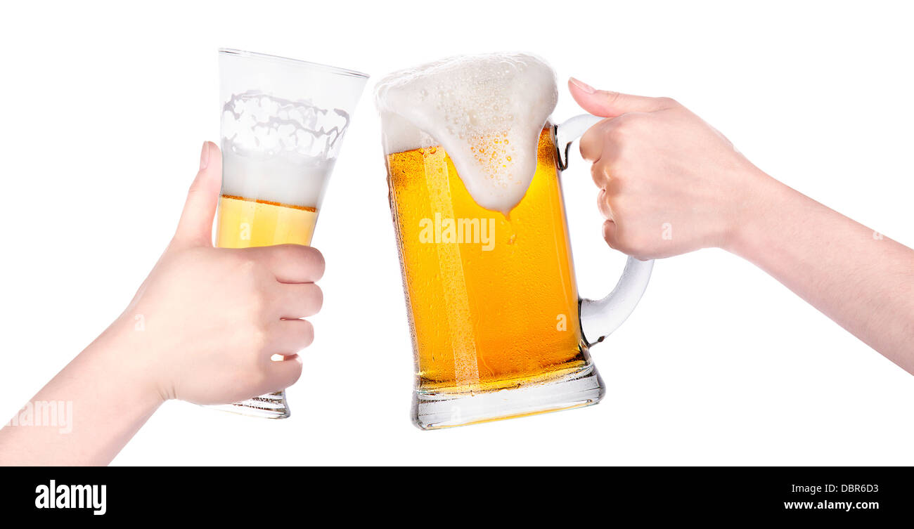 beer with hand making toast isolated on a white background Stock Photo ...