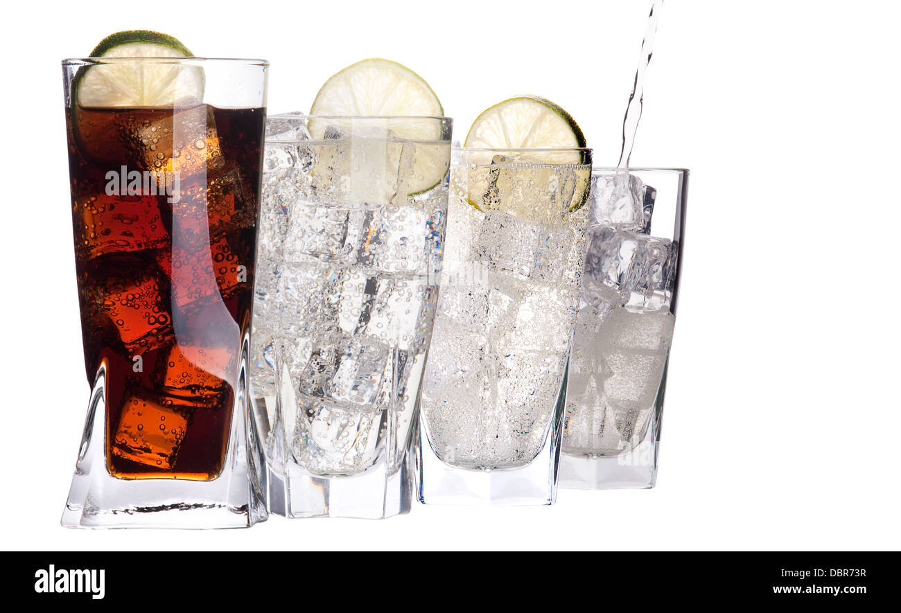 Fresh cola drink background with ice and splash isolated on a white ...