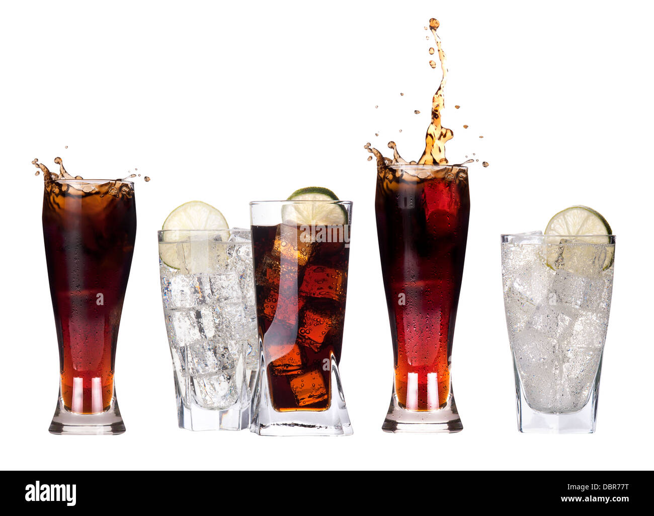 Fresh cola drink background with ice and splash isolated on a white ...
