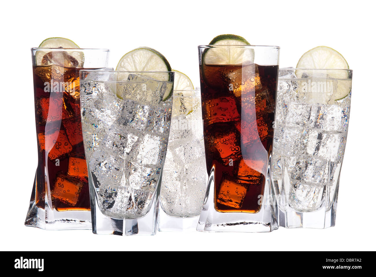 Fresh cola drink background with ice and splash isolated on a white ...