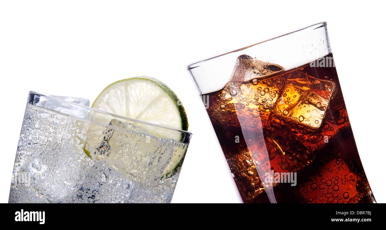 Fresh cola drink background with ice and splash isolated on a white ...