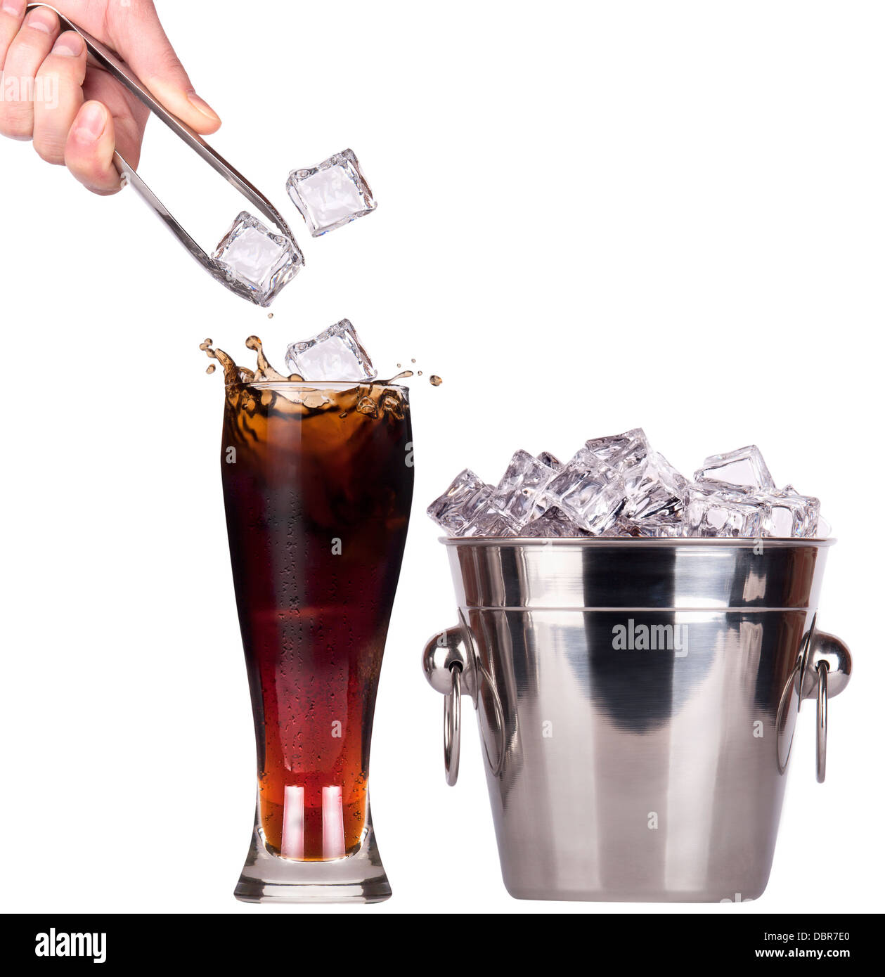Fresh cola drink background with ice and splash isolated on a white ...