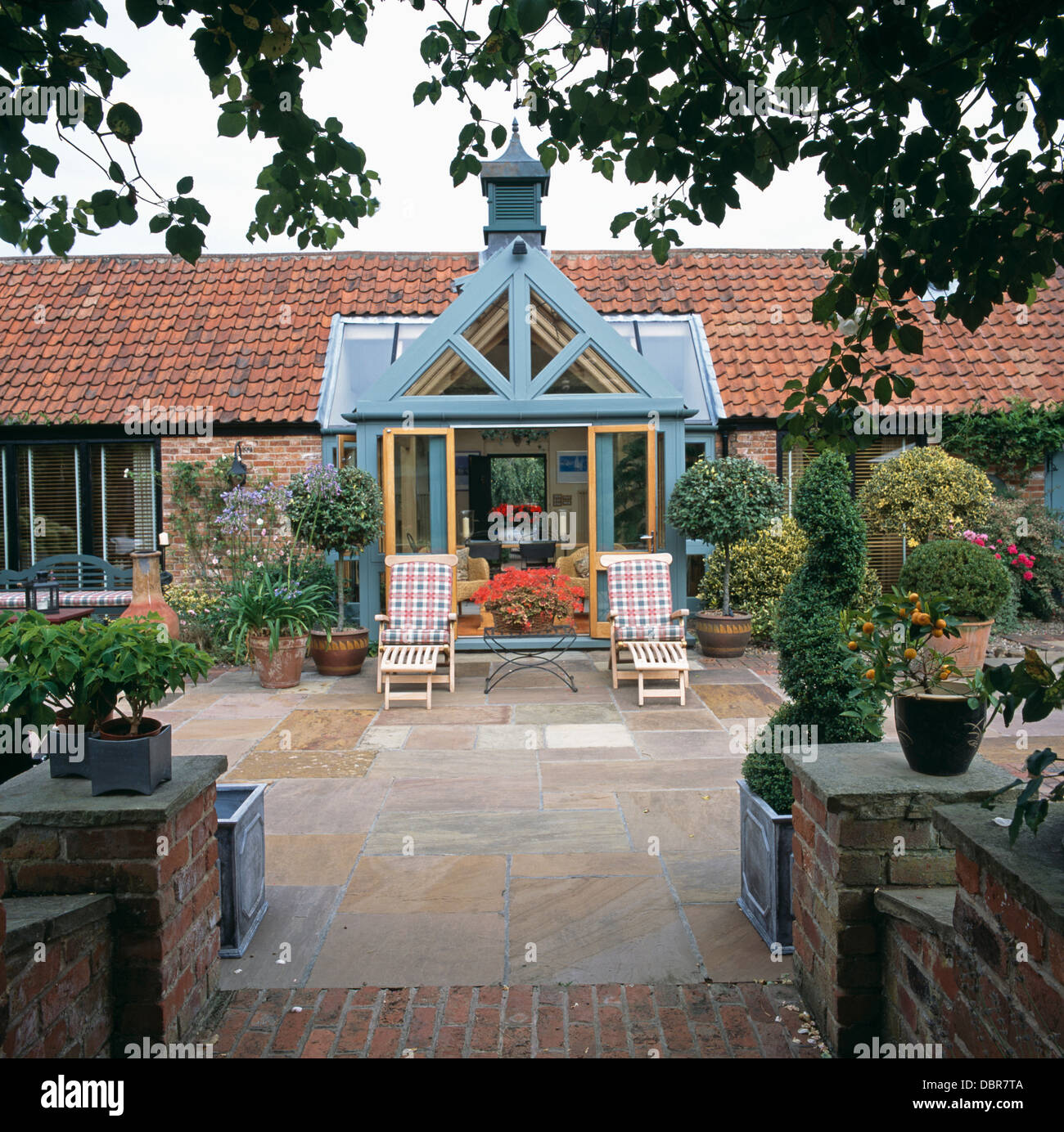 Barn conversion home with paved patio with clipped trees in pots beside ...