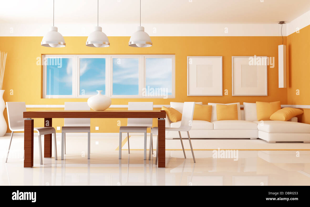 orange dining room with angle sofa - rendering Stock Photo - Alamy