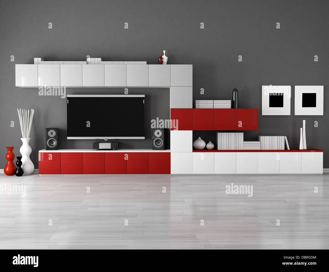minimalist empty living room with cabinet and led TV Stock Photo - Alamy