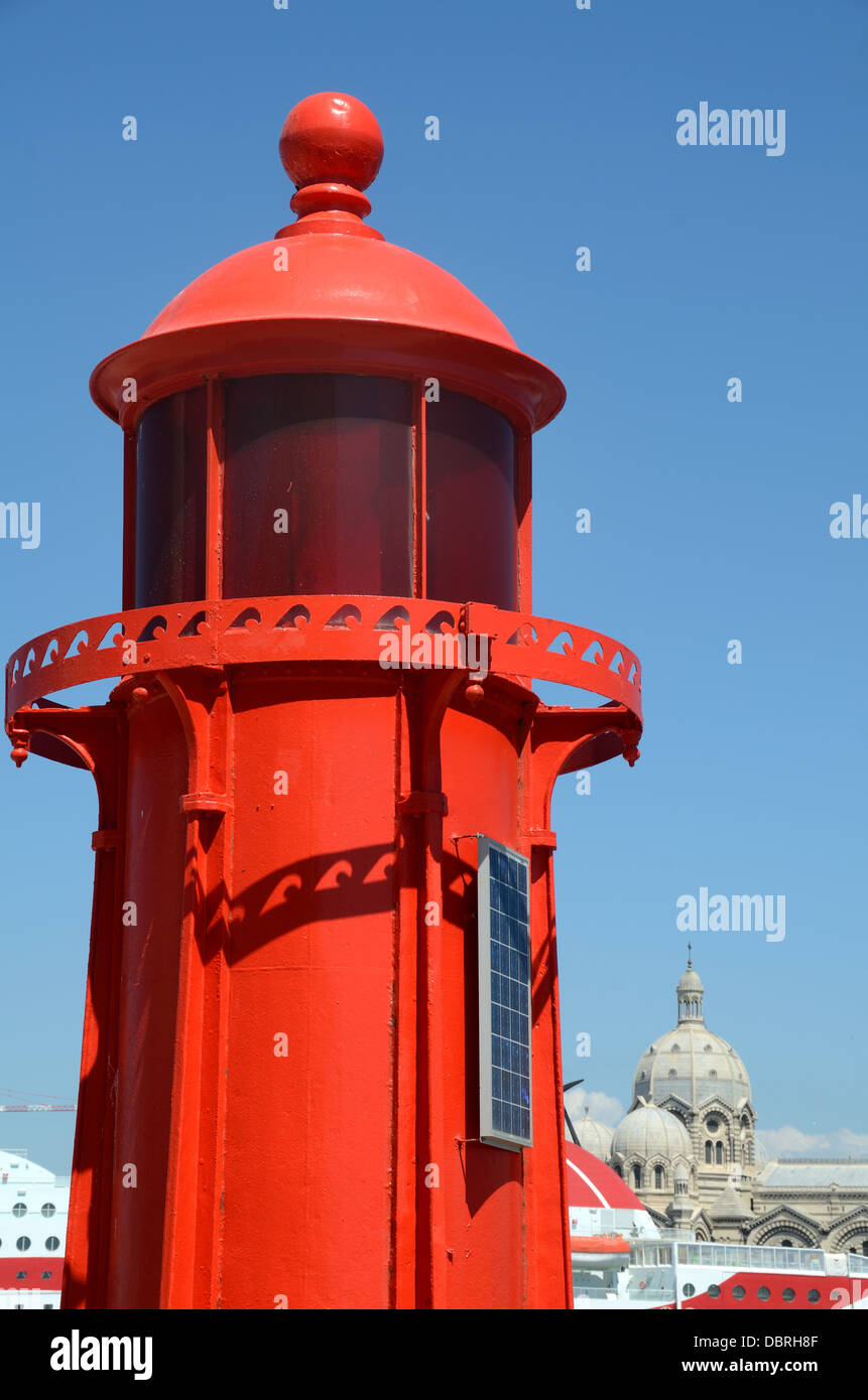 Red Metal Solar-Powered Lighthouse at Entrance to Marseille Harbour or ...
