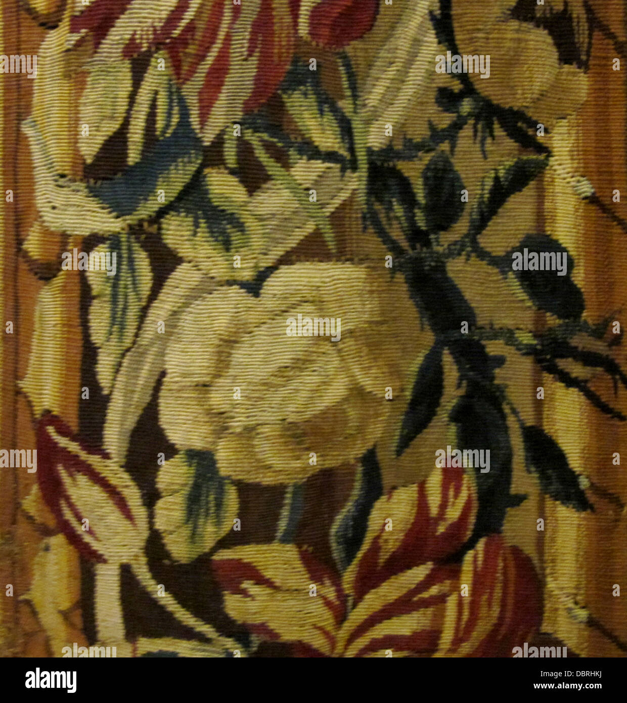 Closeup of retro tapestry fabric pattern with classical image of the ...