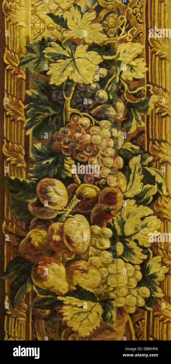 Closeup of retro tapestry fabric pattern with classical image of the ...