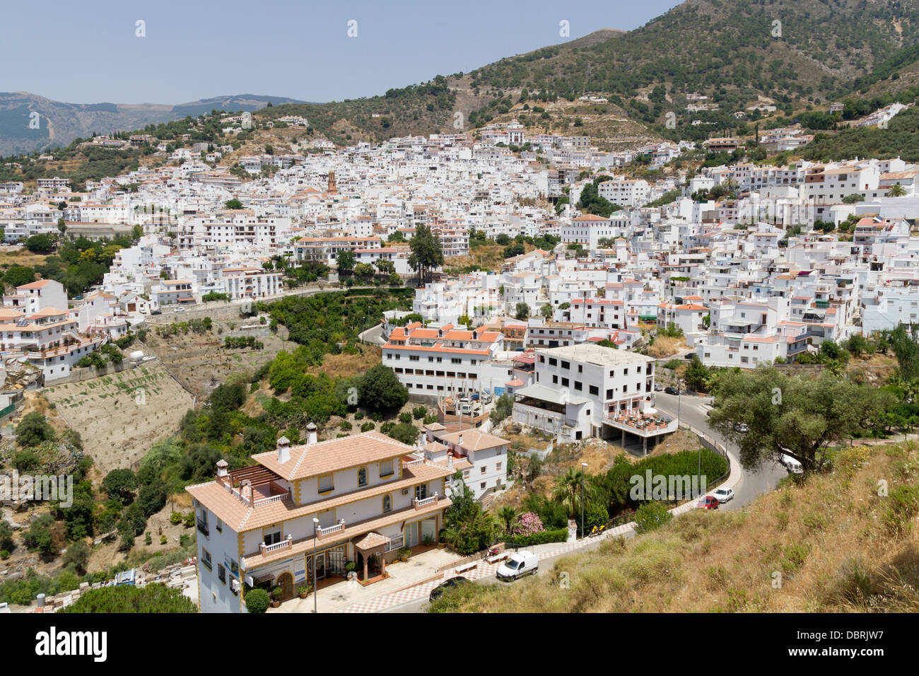 View overlooking the Spanish white village of Competa in Malaga ...