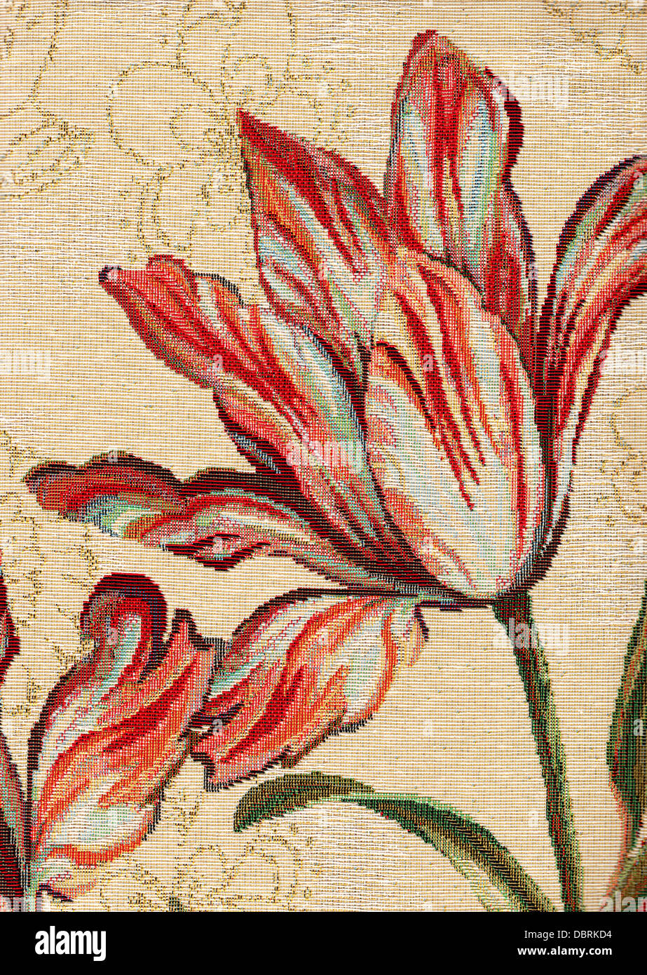 Closeup of retro tapestry fabric pattern with classical image of the ...