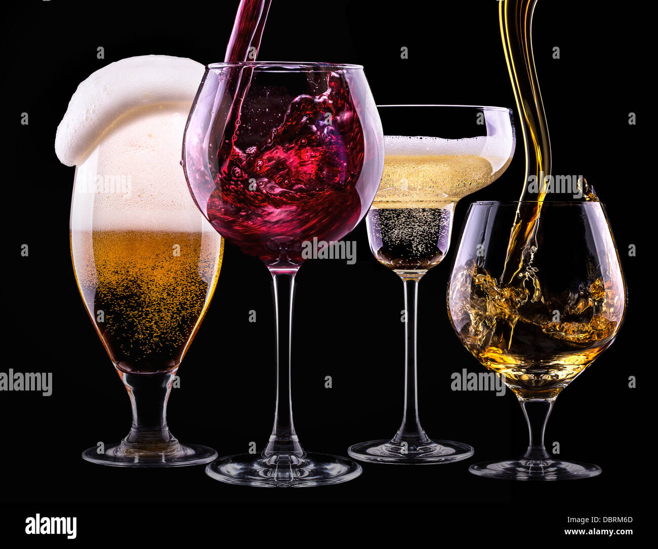 alcohol drinks set isolated on a black background - beer,wine,champagne ...