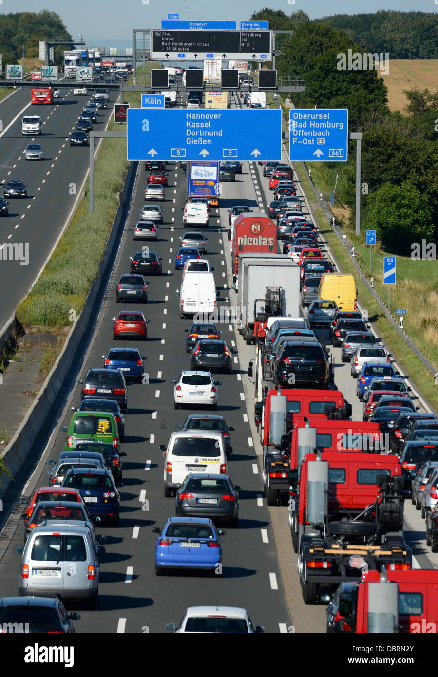 Traffic is backed up on Autobahn A5 north of Frankfurt Main, Germany ...