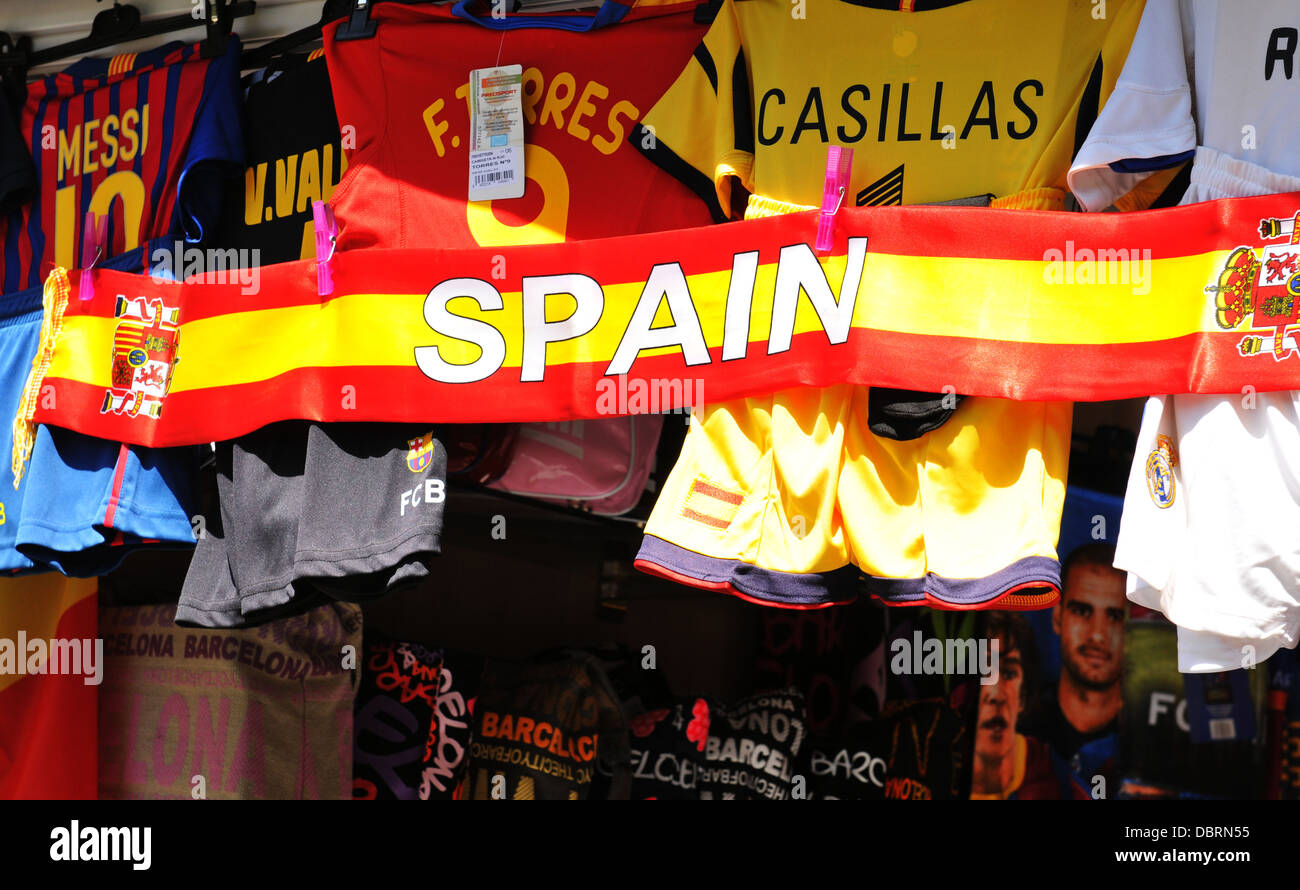 Football supporters Spanish flag in souvenir shop in La Rambla, major ...