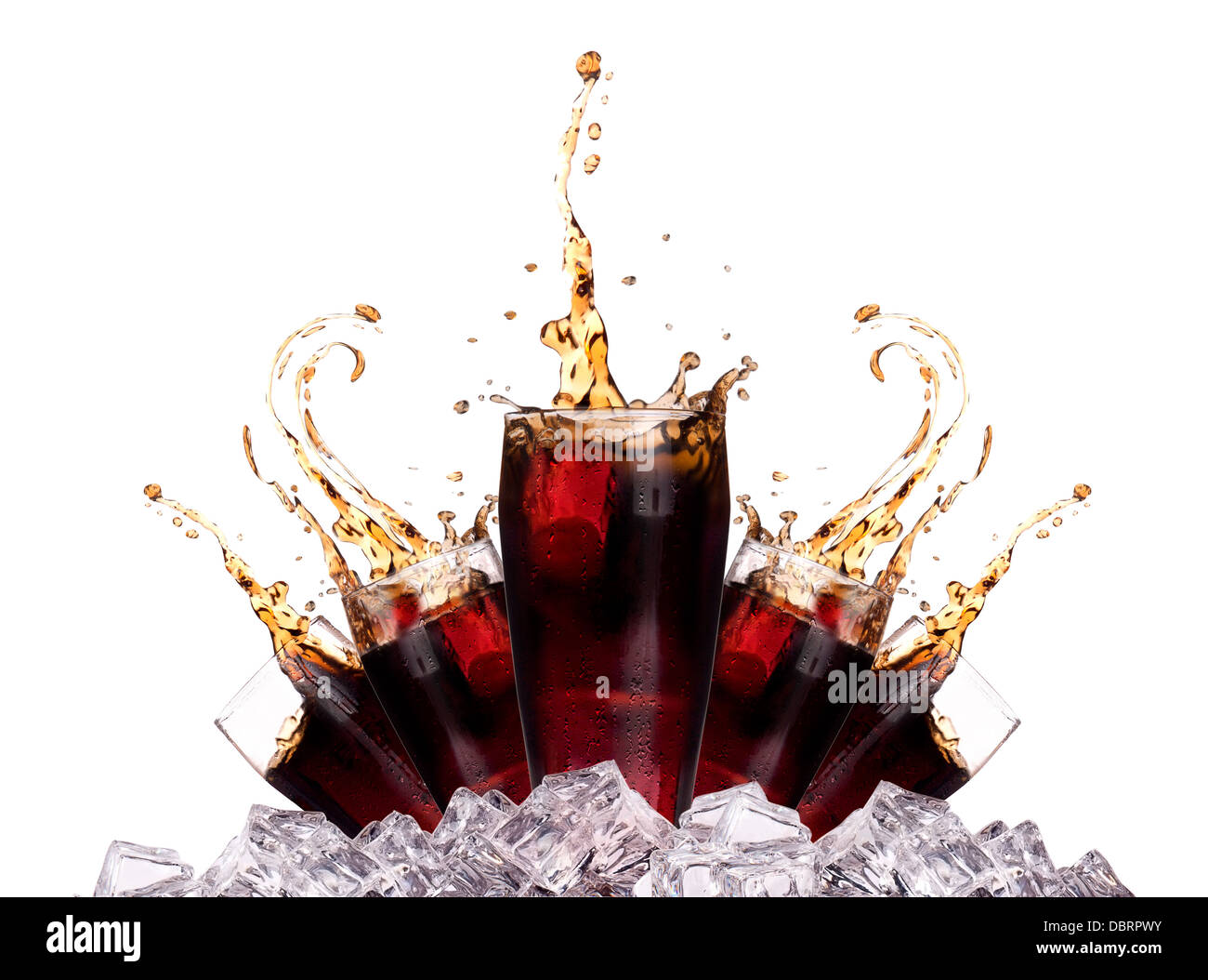 Fresh cola drink background with ice and splash isolated on a white ...