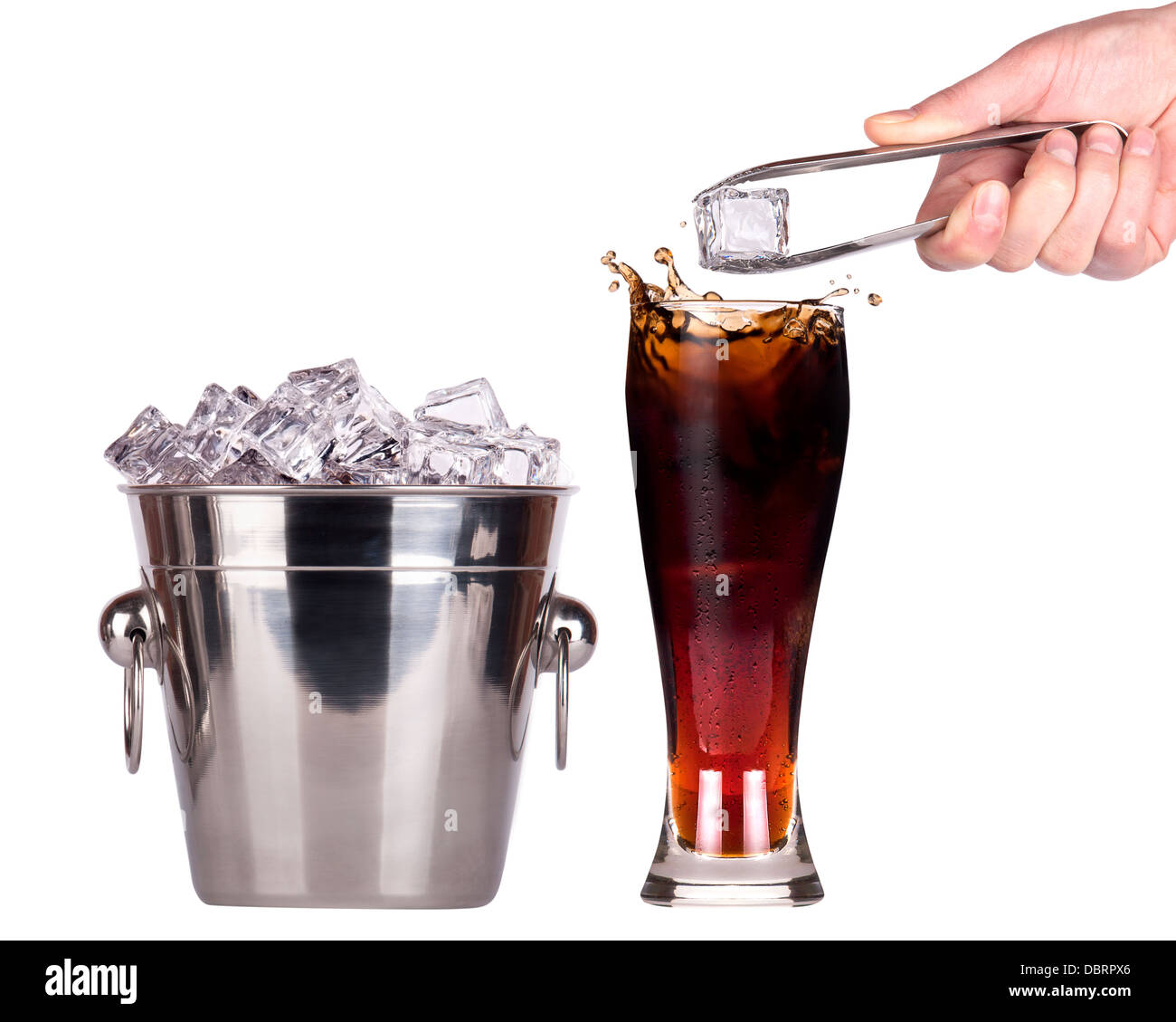 Fresh cola drink background with ice and splash isolated on a white ...