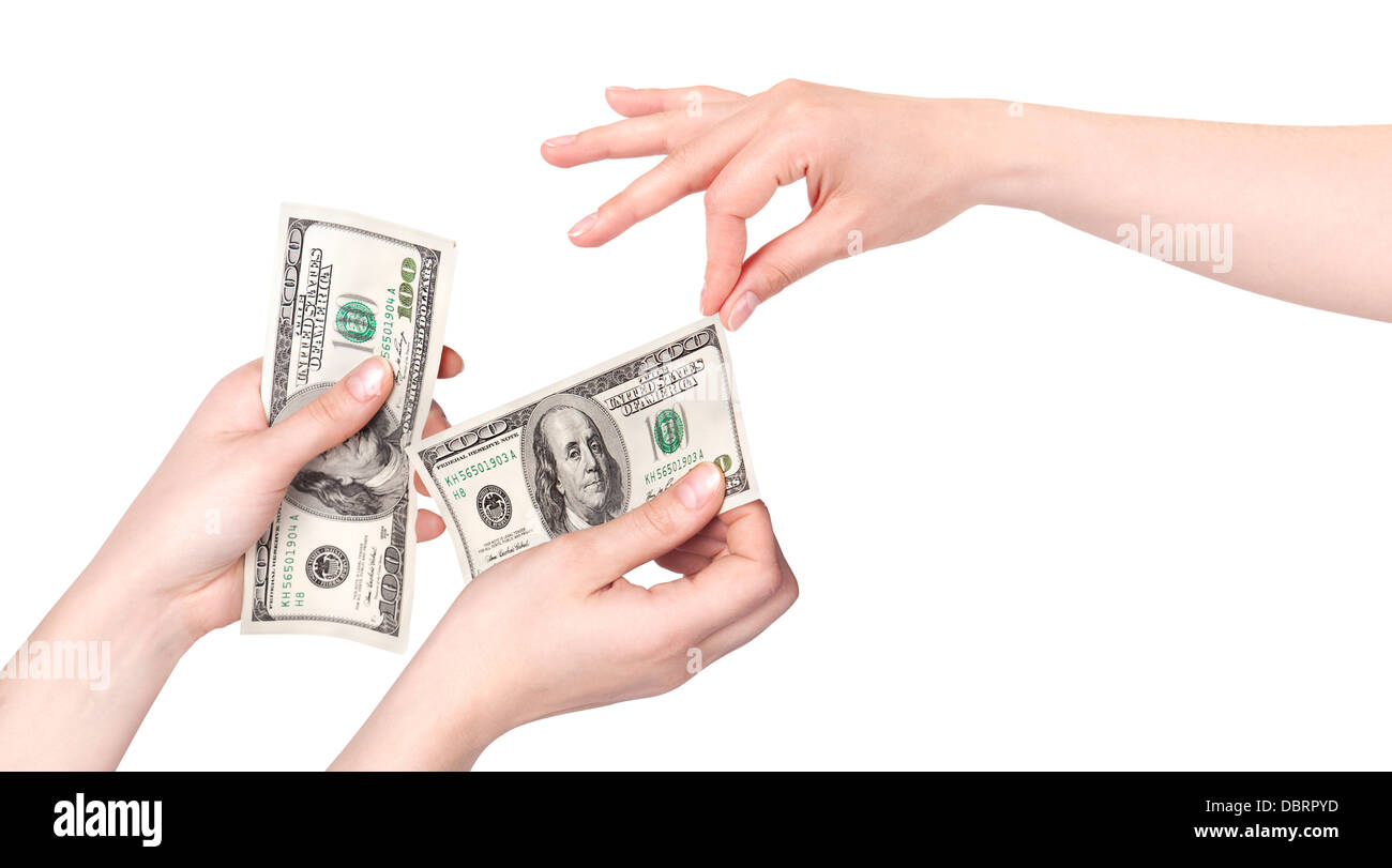 Hand giving money to other hand isolated on white background Stock ...