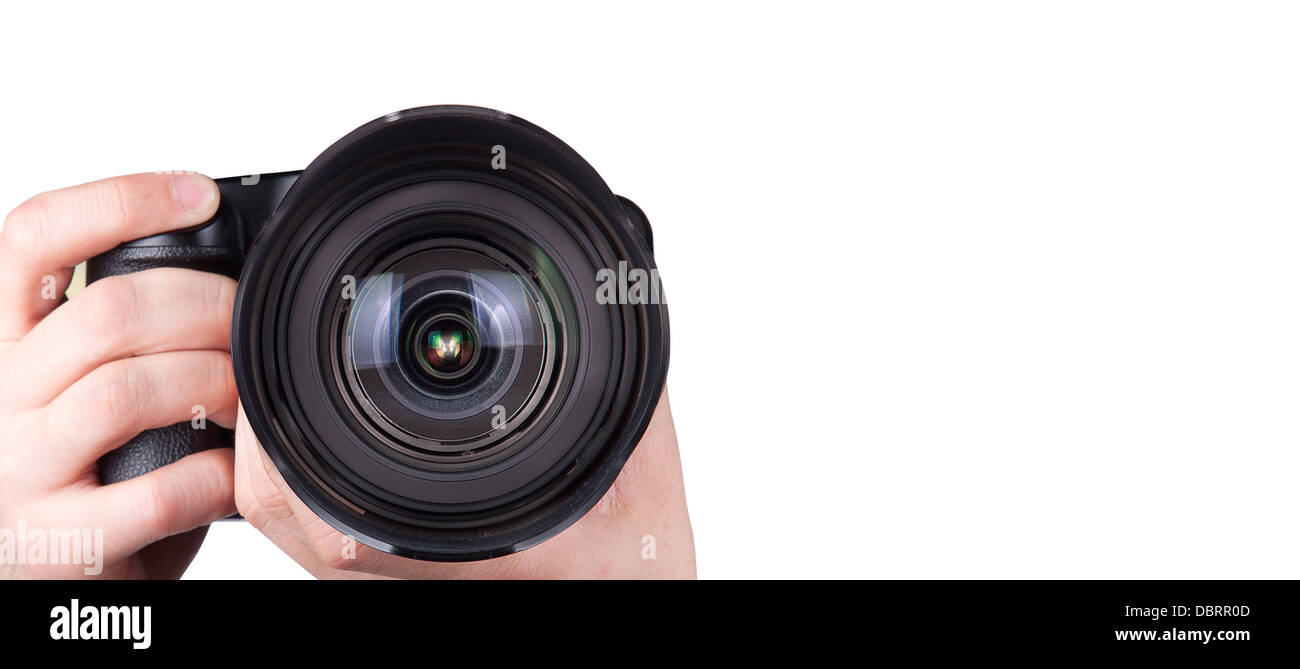 professional digital photo camera with woman hand isolated on white ...