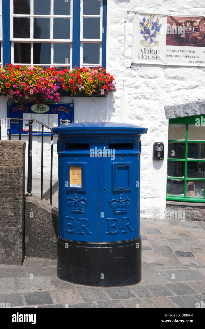 Blue Post Box in St Peter Port Guernsey Stock Photo - Alamy