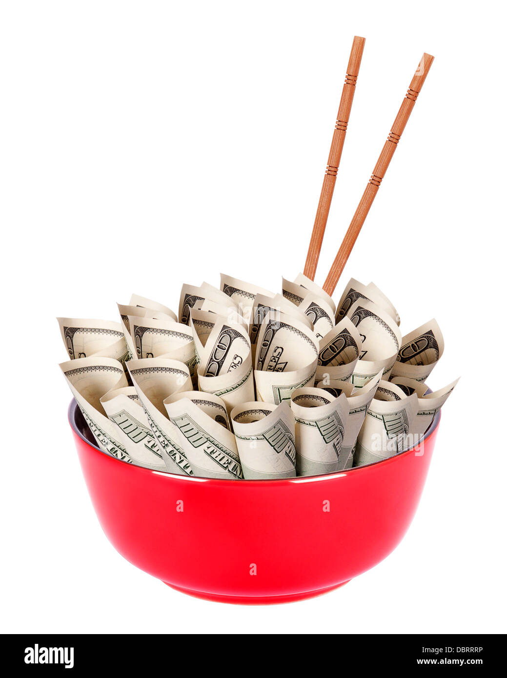 Concept image of food money - red plate full of money and Chinese ...