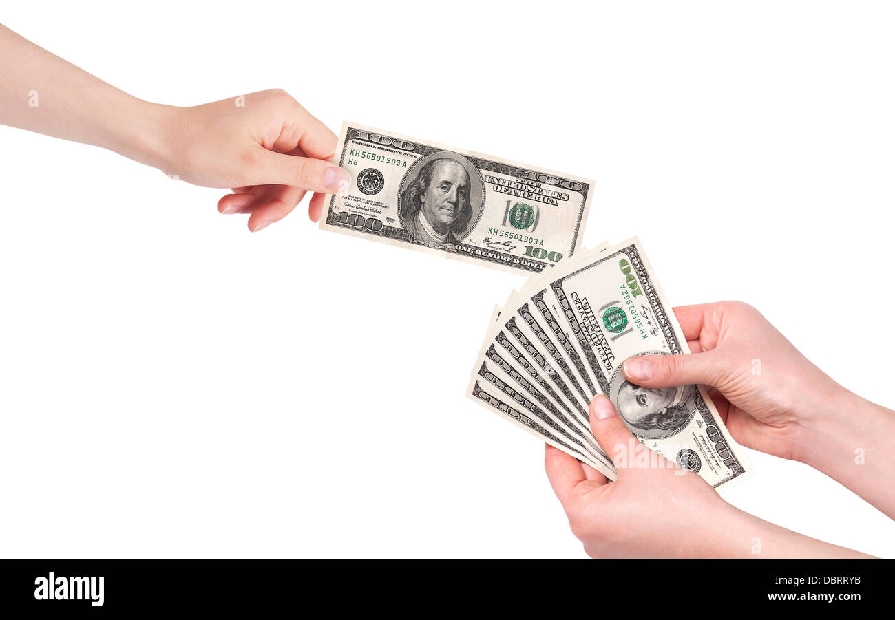 Hand giving money to other hand isolated on white background Stock ...