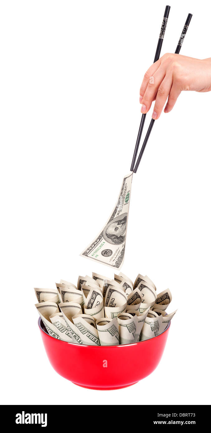 Concept image of food money - red plate full of money and Chinese ...