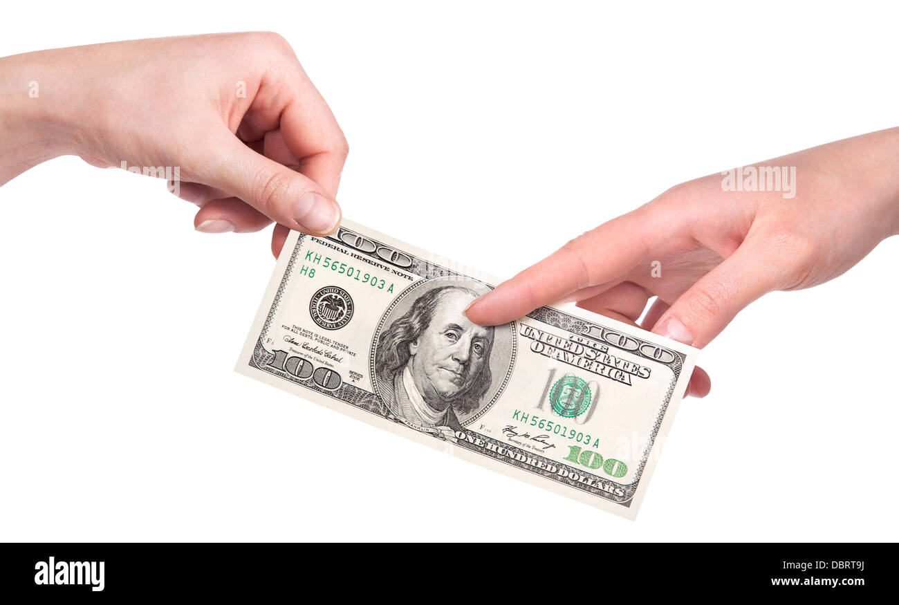 Hand giving money to other hand isolated on white background Stock ...