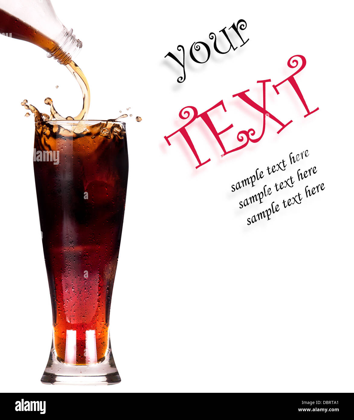 Fresh cola drink background with sample text isolated on a white Stock ...