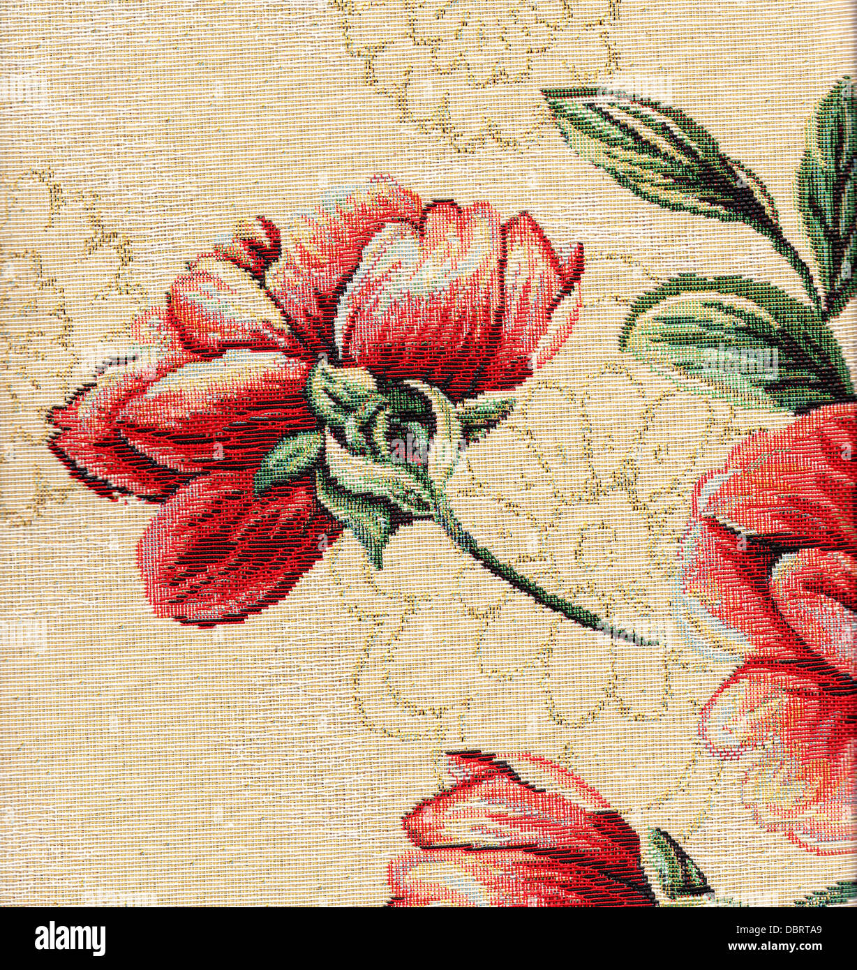 Closeup of retro tapestry fabric pattern with classical image of the ...