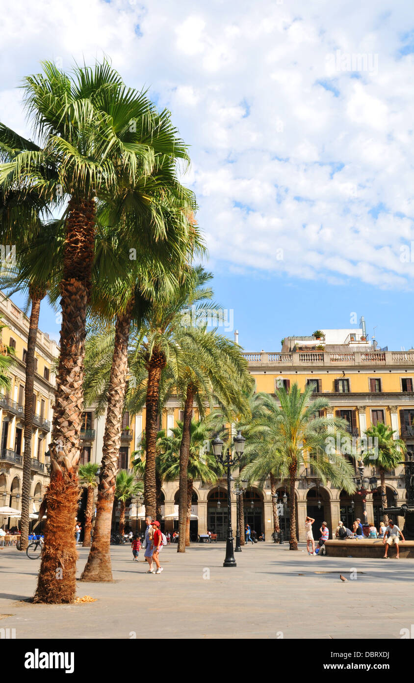 Barcelona, Spain - 07 July, 2012: Palm trees overlooking old square in ...