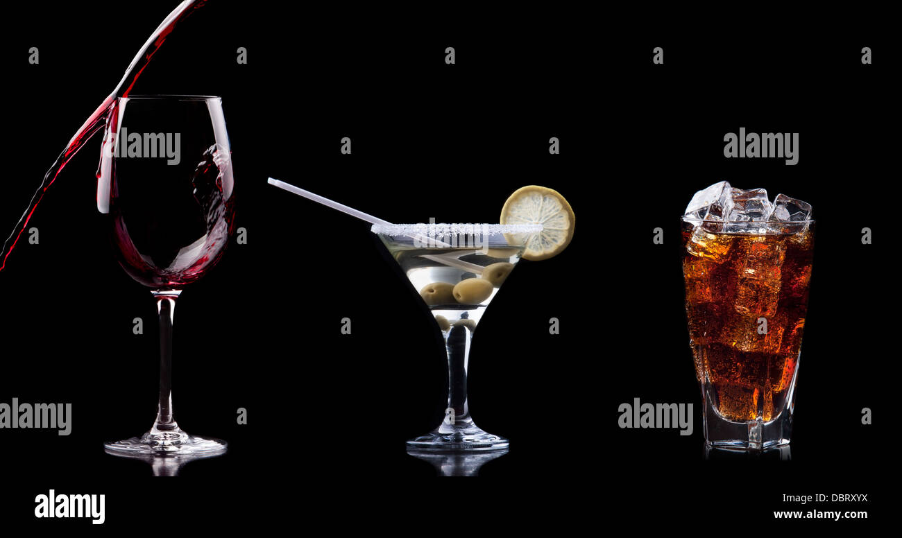 Collection of different images of alcohol on a black background Stock ...