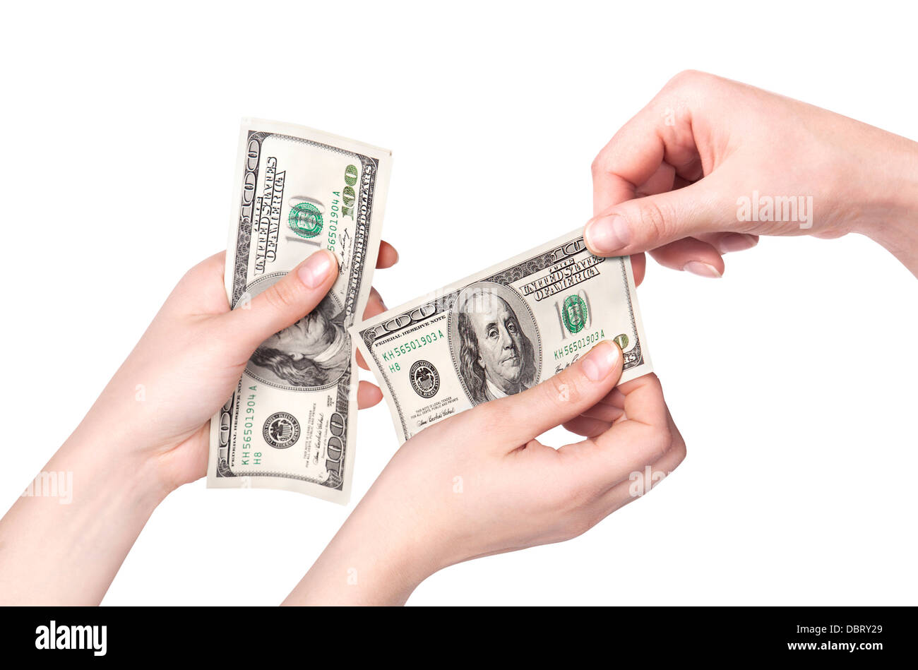 Hand giving money to other hand isolated on white background Stock ...