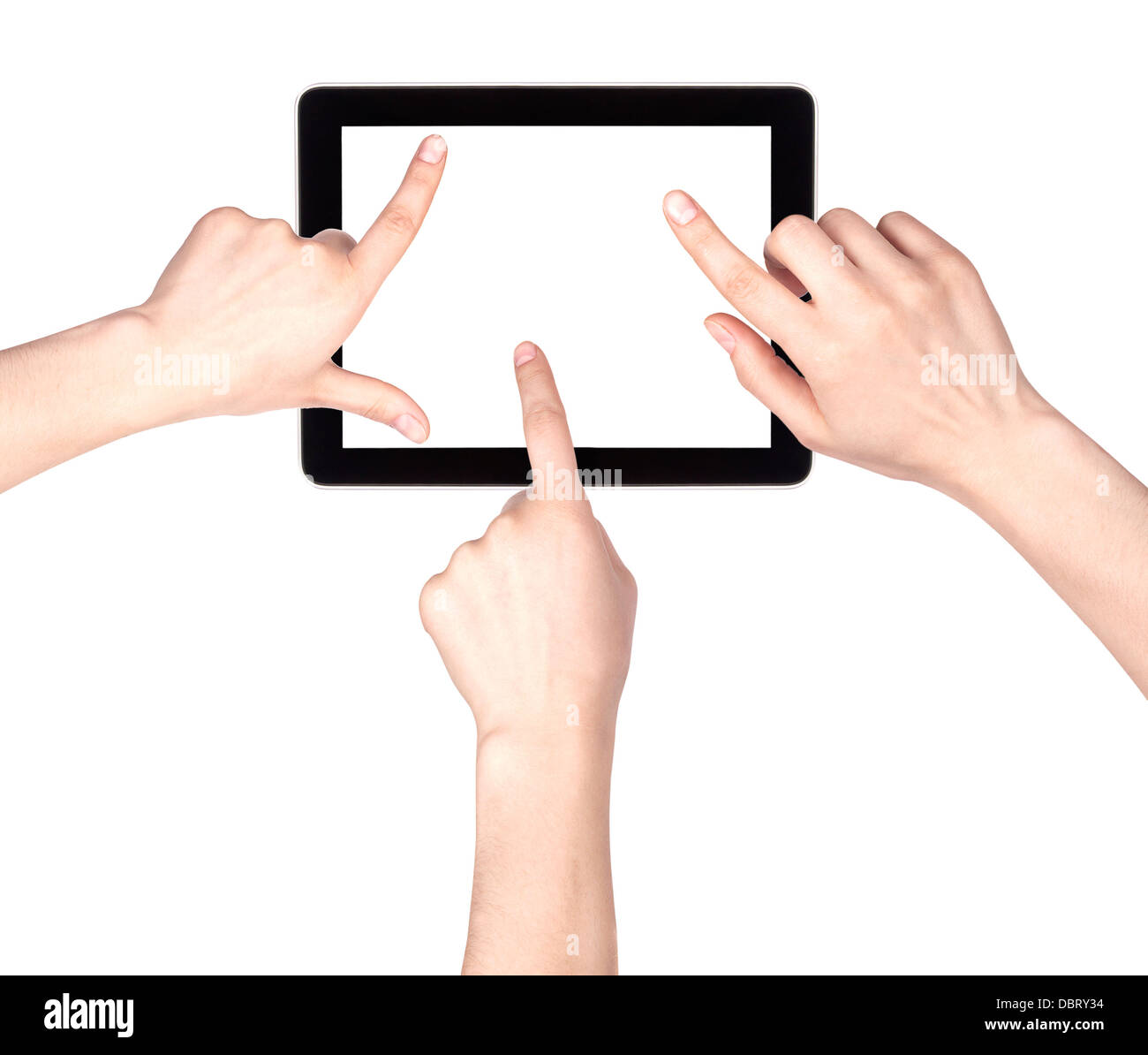 Touch screen tablet computer with blank screen and woman hand isolated ...