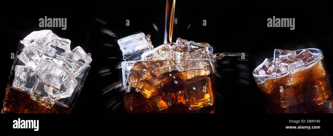 set of Fresh cola drink with ice and splash on a black background Stock ...