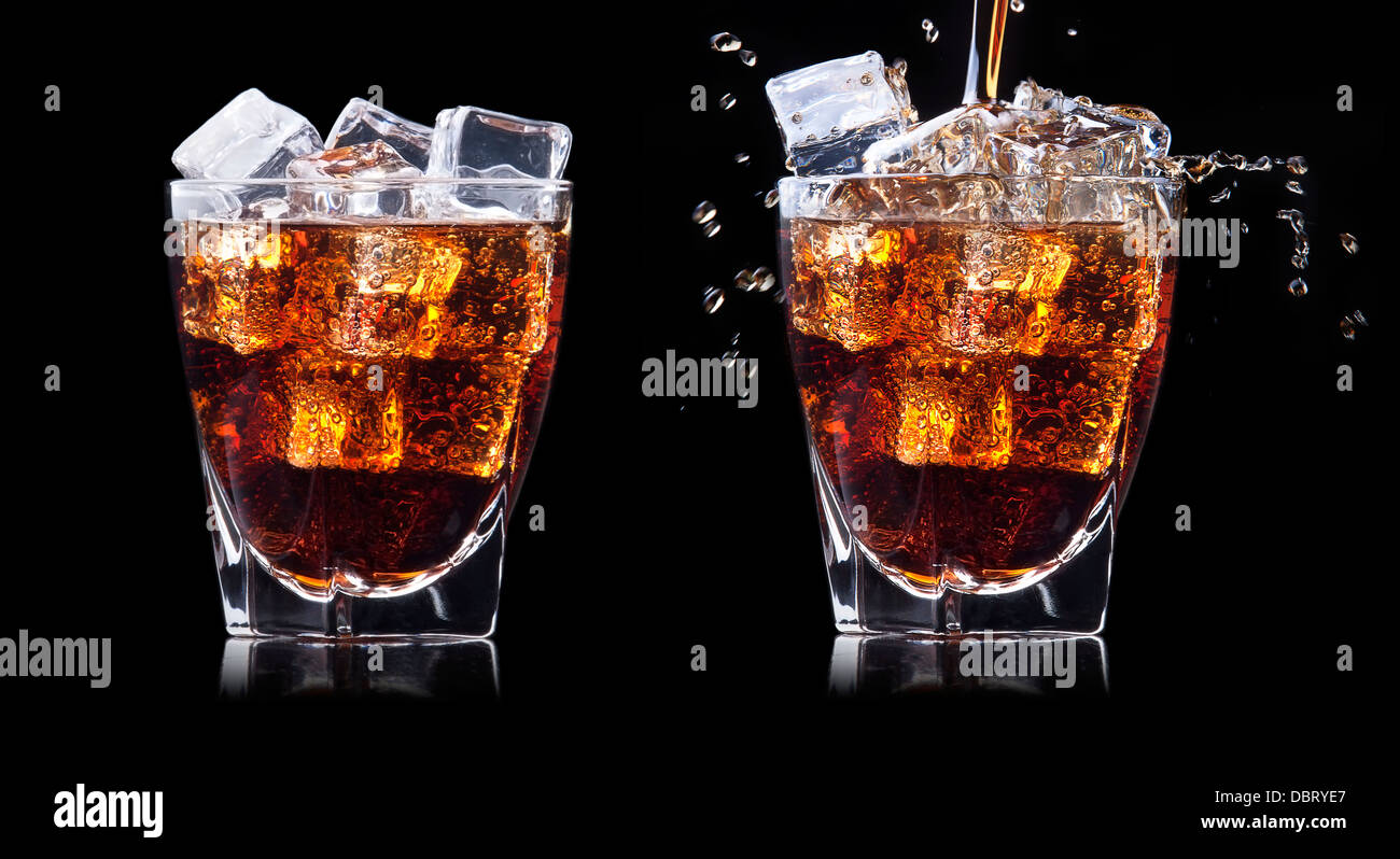 set of Fresh cola drink with ice and splash on a black background Stock ...