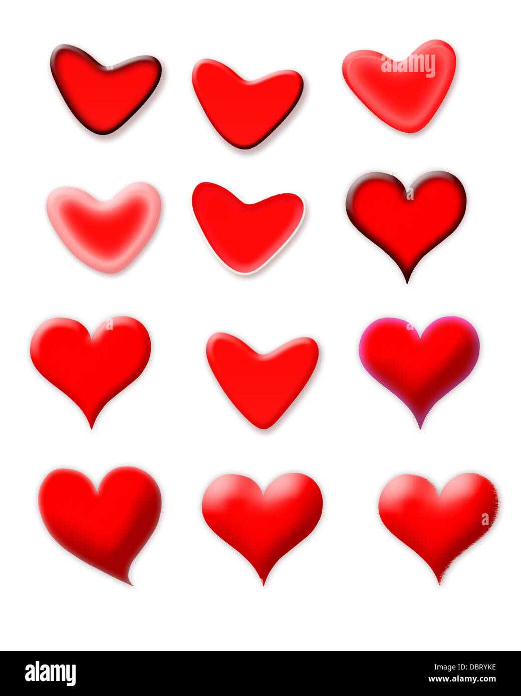 Set of red hearts with different shapes isolated on white background ...