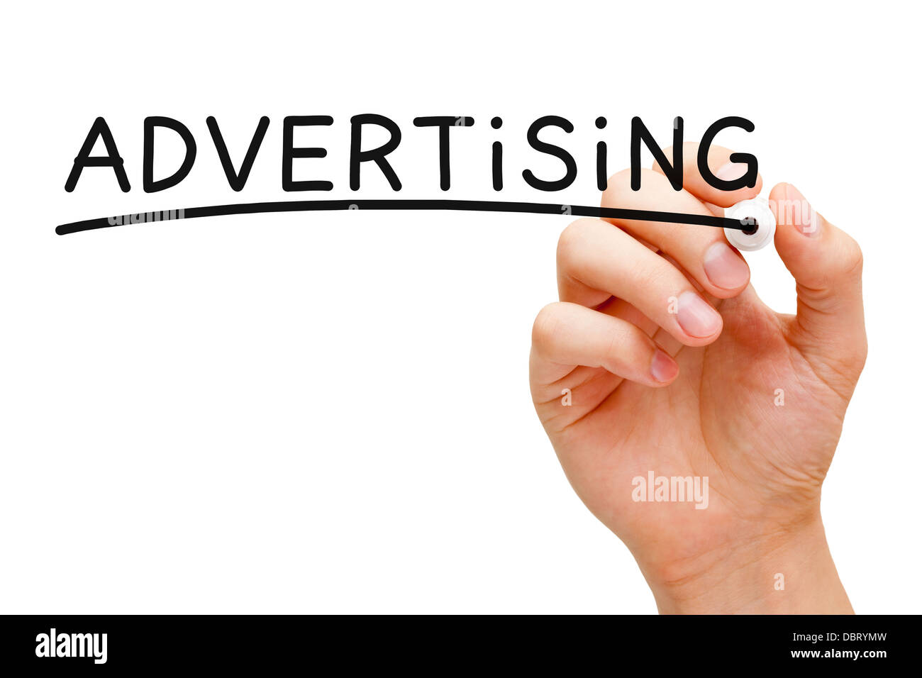 Hand writing Advertising with black marker on transparent wipe board ...