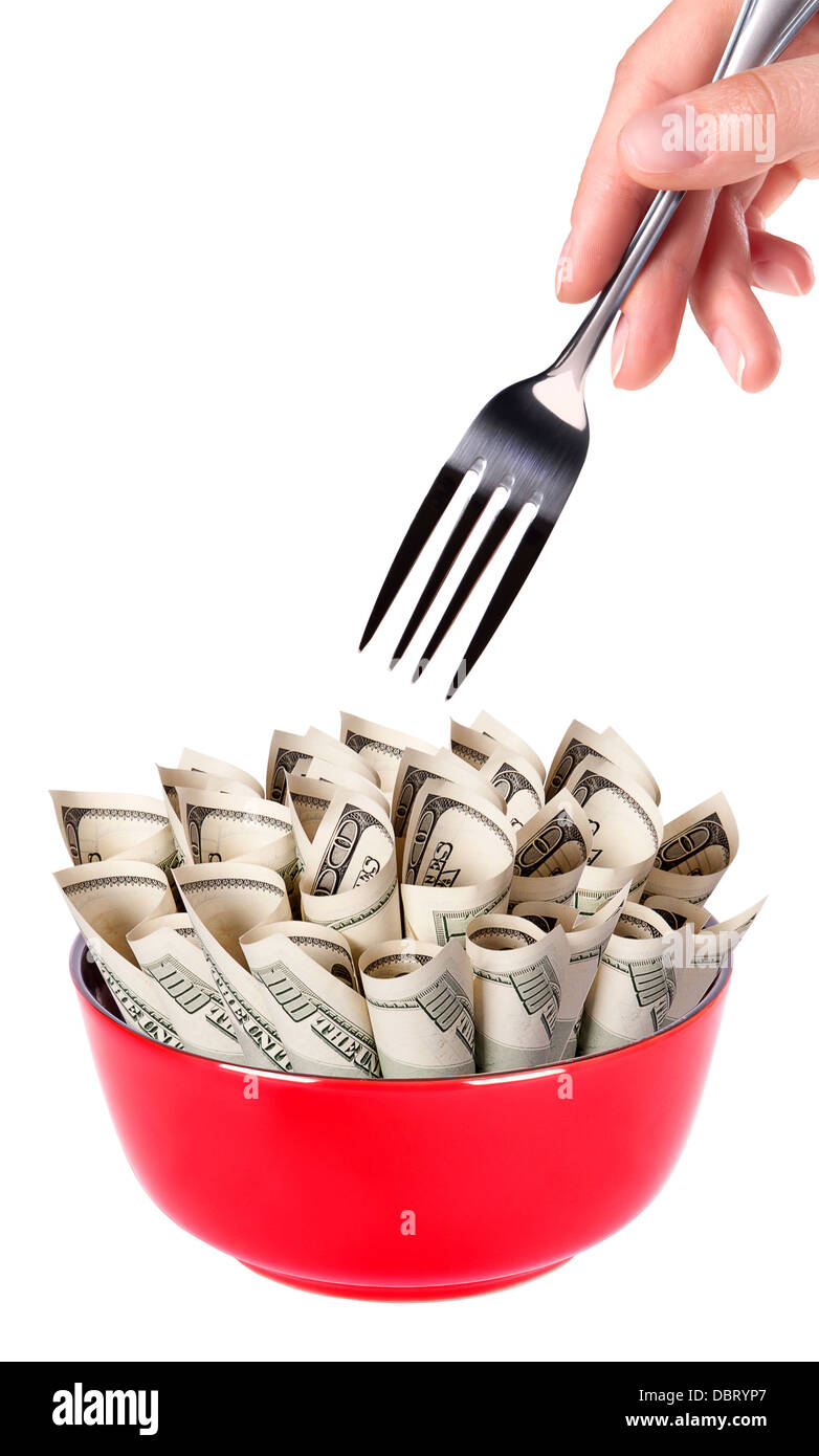 Concept image of food money - red plate full of money and Chinese ...