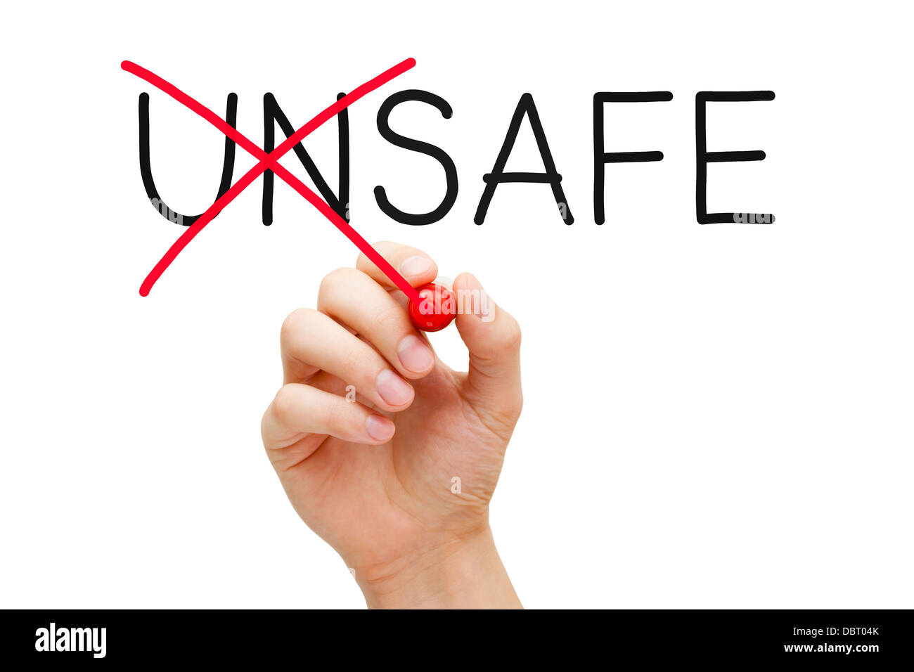 Hand changing the word Unsafe into Safe with red marker isolated on ...