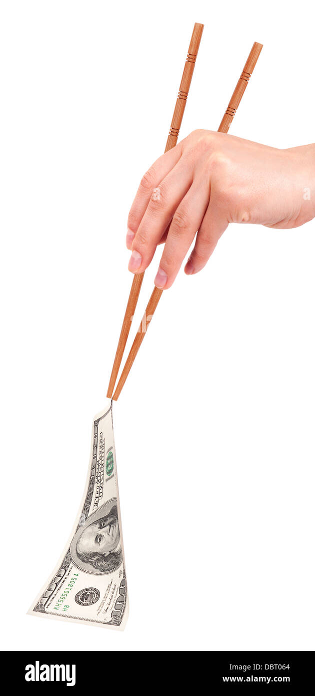 Chinese chopsticks holding money - american dollars isolated on a wjite ...