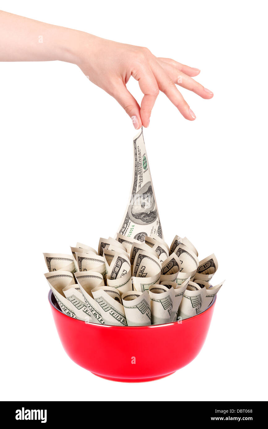 Concept image of food money - red plate full of money and Chinese ...