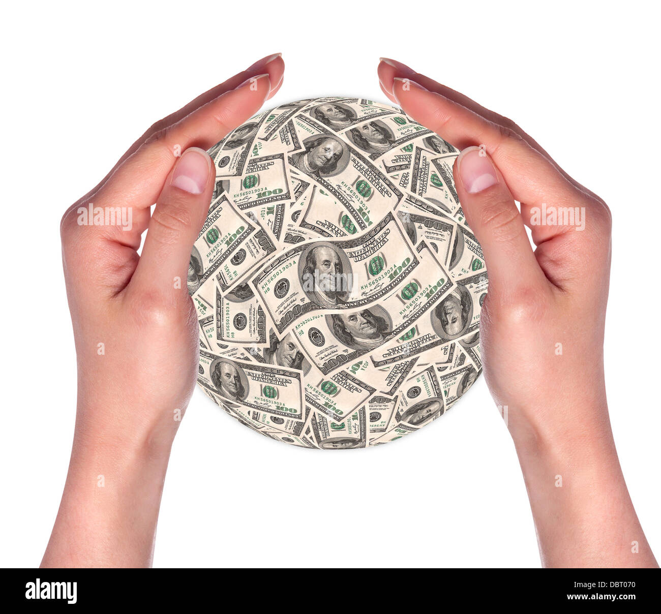 A ball made out of 100 dollar in a woman hands isolated on a white ...