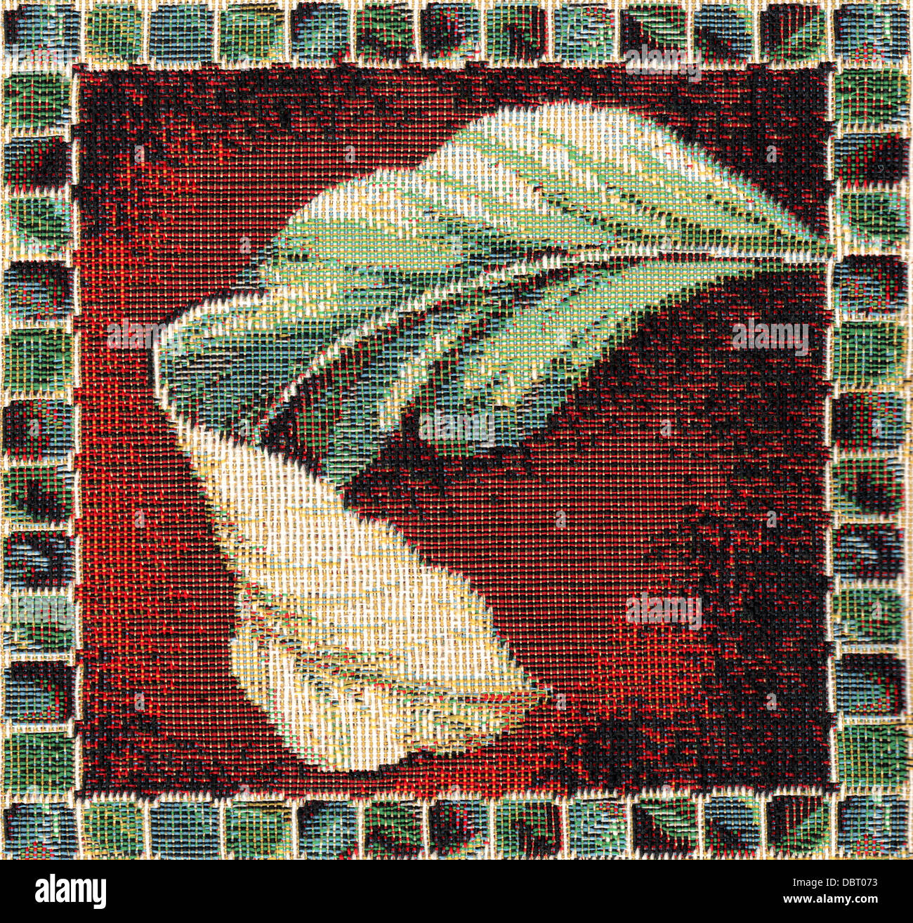 Closeup of retro tapestry fabric pattern with classical image of the ...
