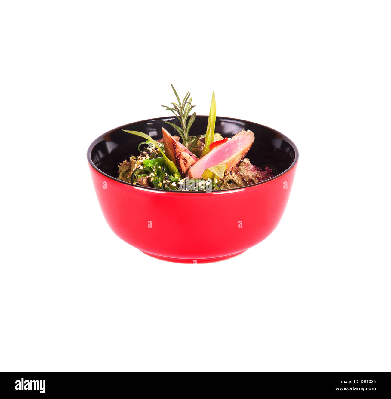 Healthy Chinese food in a red plate isolated on a white background ...