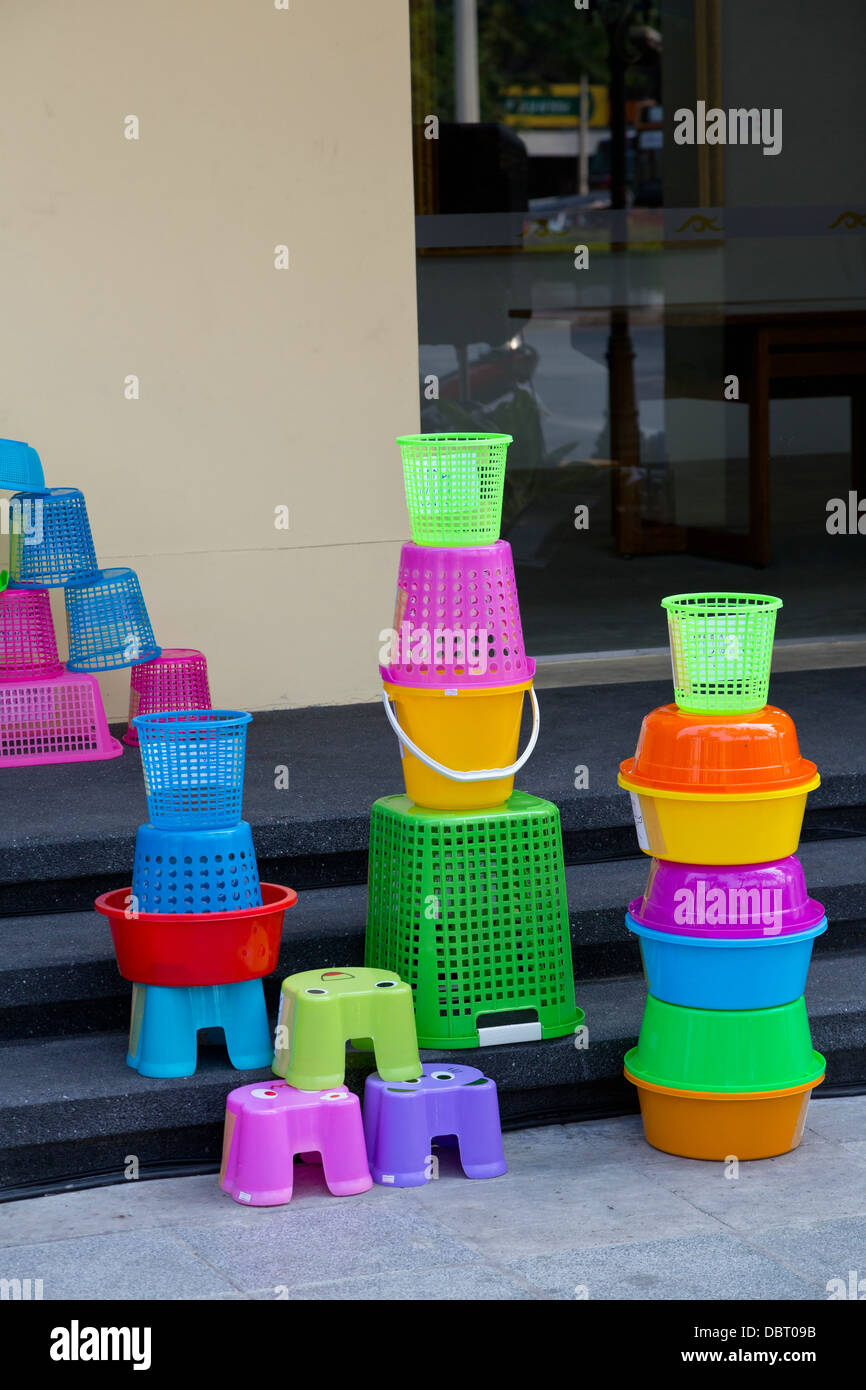 Sale of Plastic Buckets in the Streets of Bangkok, Thailand Stock Photo ...