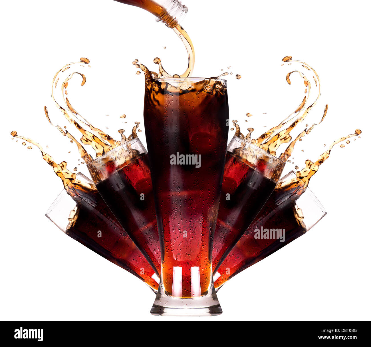 Fresh cola drink background with ice and splash isolated on a white ...