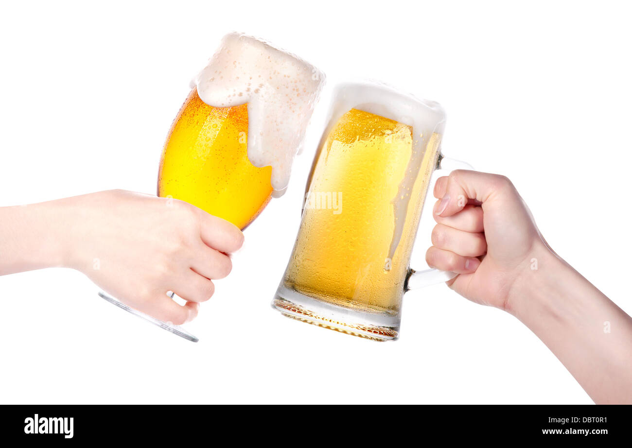 Frosty glass of beer with hand.making toast isolated on a white ...