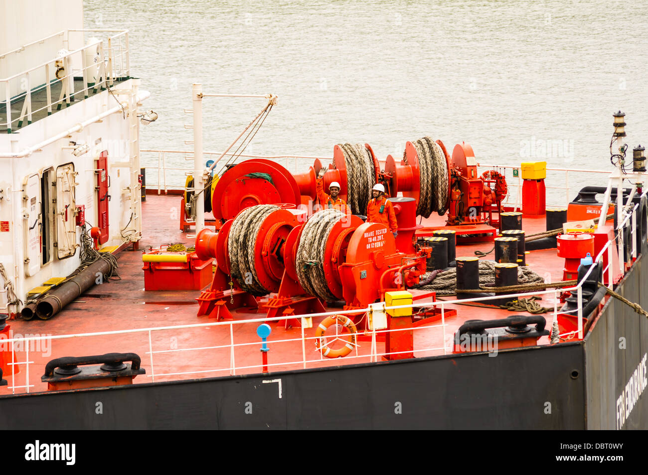 Panama Canal Panama Crewmen stand by on a ship transiting the Panama ...