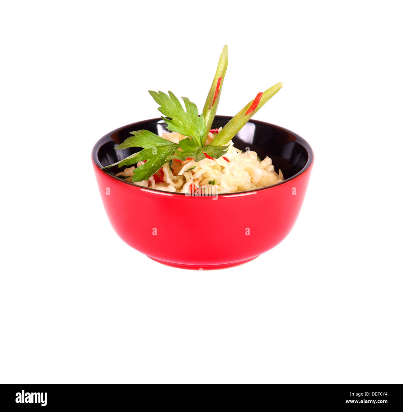 Healthy Chinese food in a red plate isolated on a white background ...