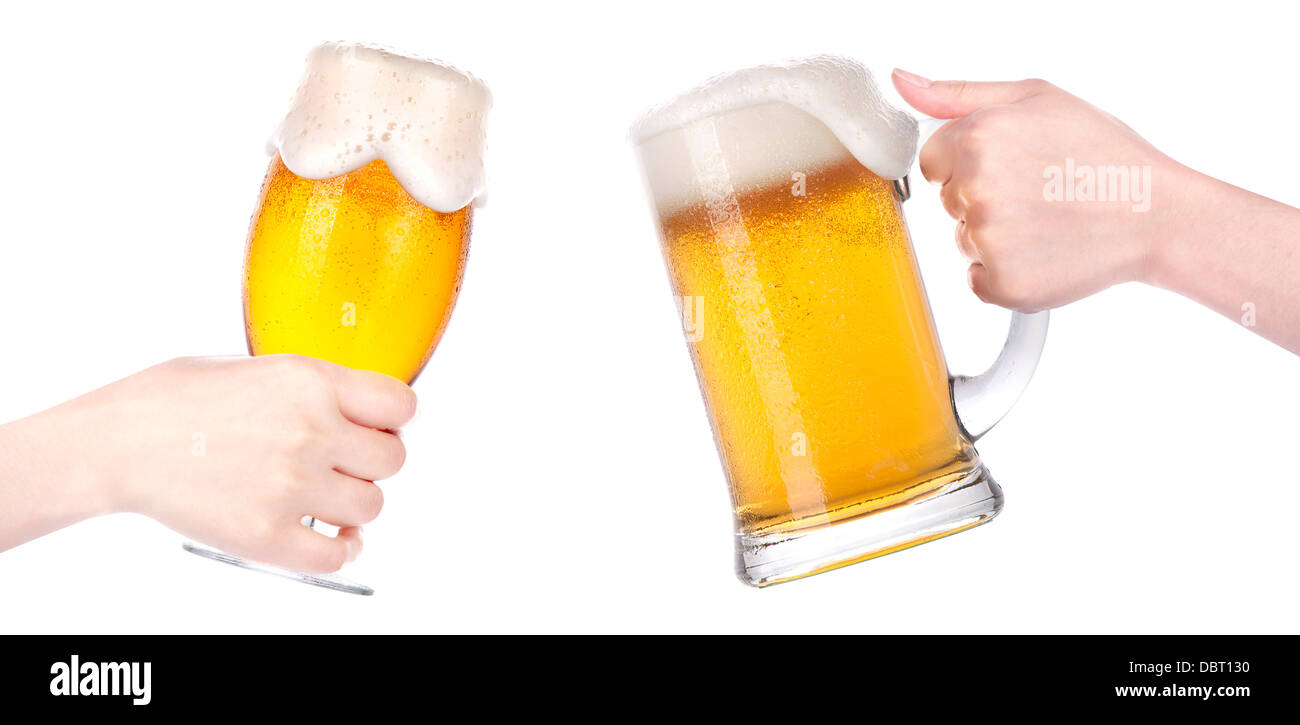 Frosty glass of beer with hand.making toast isolated on a white ...